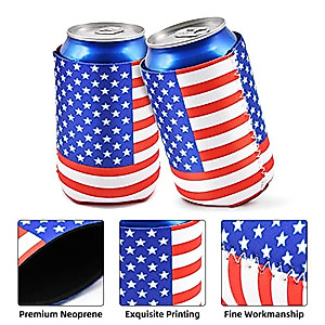 6 Pack American Flag Beer Can Cooler Sleeves 4th of July Decorations, 5.1 x 3.9 Inch Insulated Collapsible USA Pattern Drink Cooler Sleeves for 12 oz Cans and Bottles, Memorial Day Independence Day