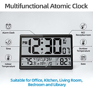 LFF Atomic Clock 4.5" Numbers, Atomic Wall Clock Never Needs Setting, Indoor Outdoor Temperature with Wireless Outdoor Sensor, Battery Powered, Clock for Office, Kitchen, Living Room, Bedroom