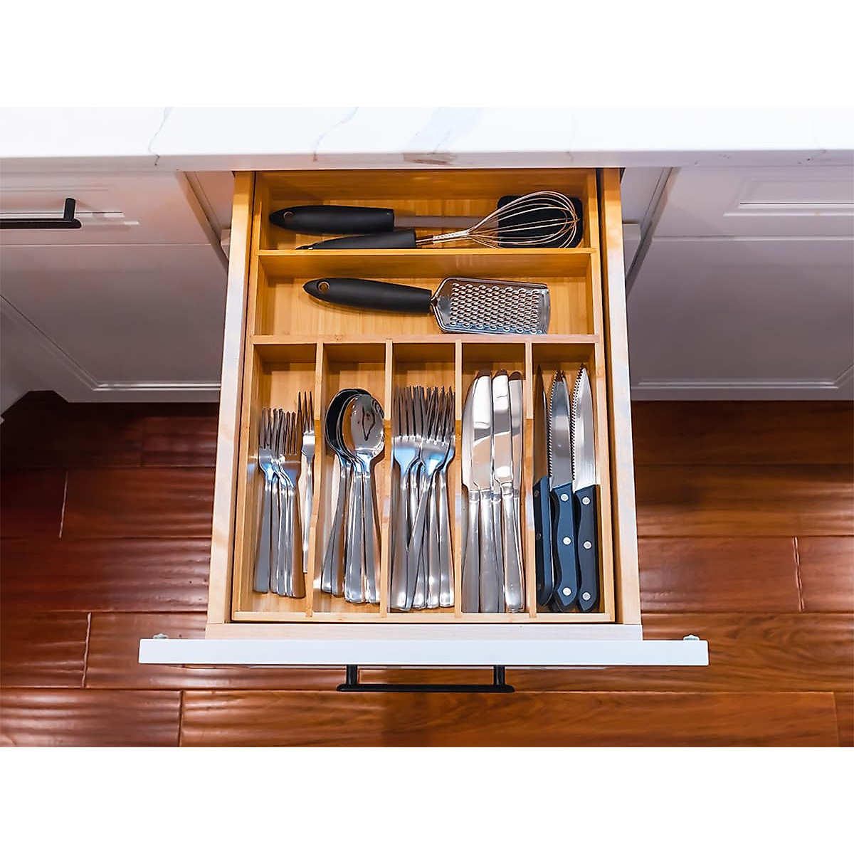 Kitchen Drawer Organizer, 13 Inch Silverware Utensil Tray Holder, Extra Deep, with Non-Slip Feet & Grooved Drawer Divider, 7 Slots Total Bamboo Wood Caddy for Flatware Cutlery Knives, Forks, Spoons