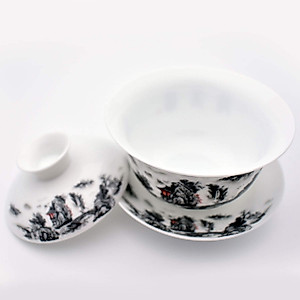 Teacups set,QMFIVE,Chinese Traditional Teaware Blue and White Porcelain Gaiwan Kungfu Tea bowl with Lid and Saucer - 6oz/180ml,Seclusion