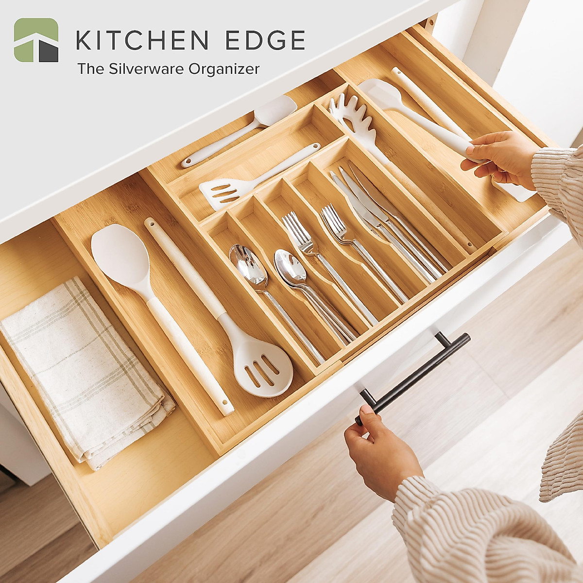 KitchenEdge Premium Silverware, Flatware and Utensil Organizer for Kitchen Drawers, Expandable to 25 Inches Wide, 10 Compartments, 100% Bamboo