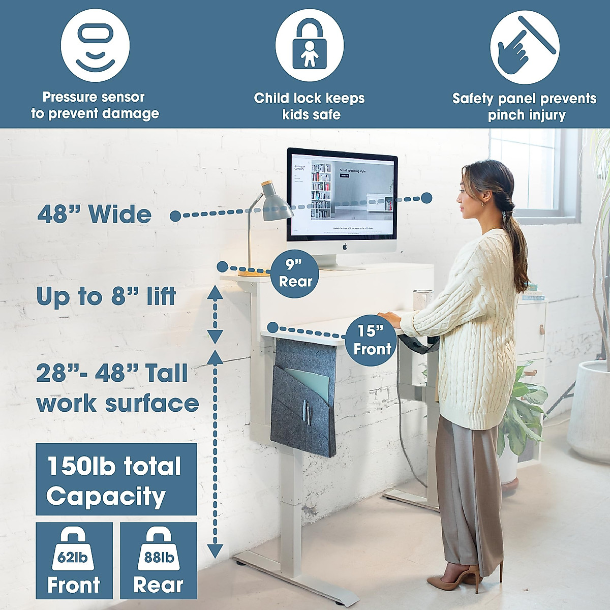Roam & Remain Dual Lift Adjustable Height Standing Desk — Adjust Both Monitor and Desk Height, Dual Electric Motors 48 x 24 (White)