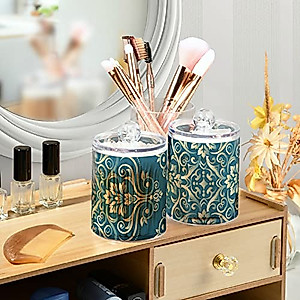 WELLDAY Apothecary Jars Bathroom Storage Organizer with Lid - 14 oz Qtip Holder Storage Canister, Baroque Damask Teal Clear Plastic Jar for Cotton Swab, Cotton Ball, Floss Picks, Makeup Sponges,Hair C