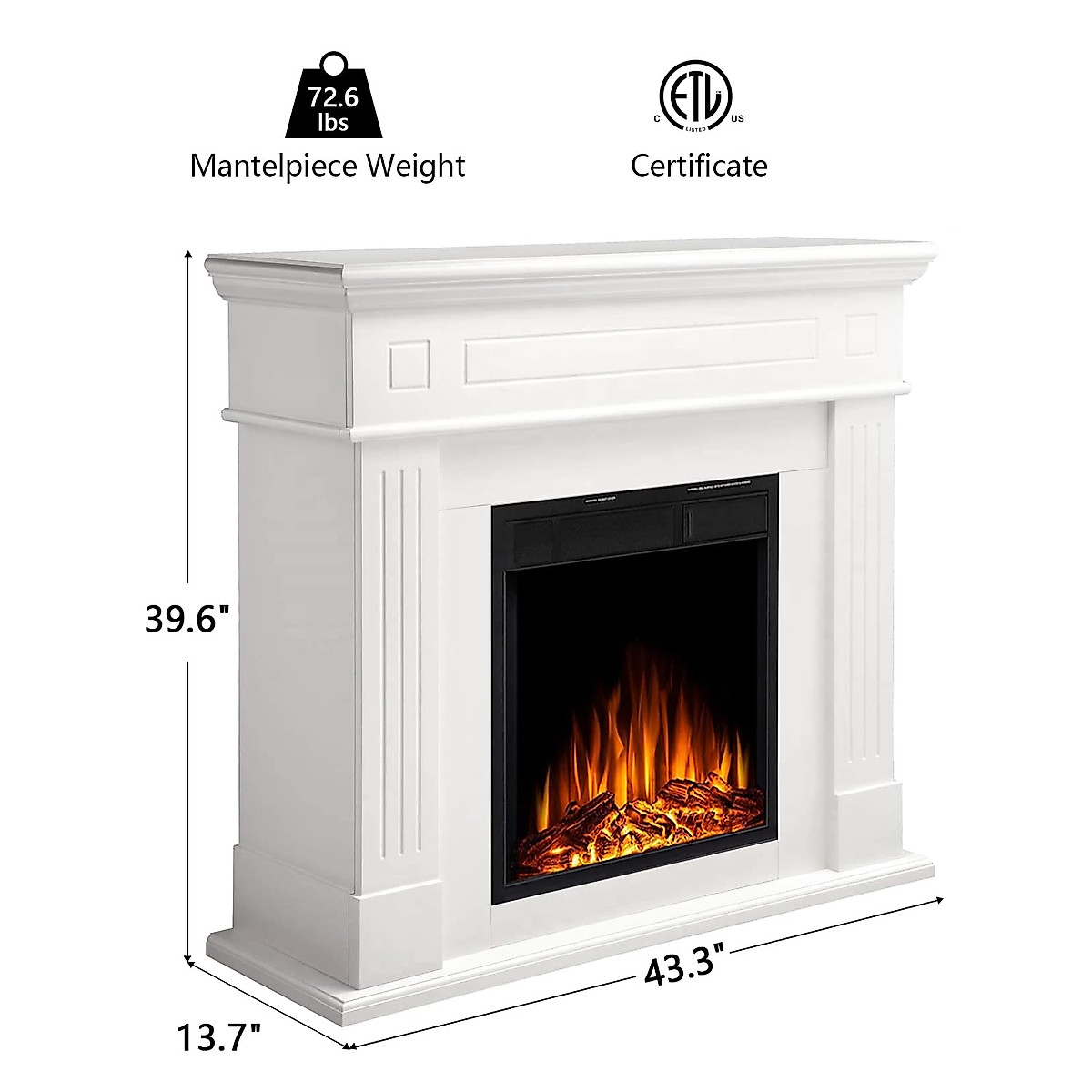 Havato 43" Electric Fireplace with Mantel, Wooden White Fireplace Mantel with Remote Control, Freestanding Fireplace, Handmade Paint Finish Fireplace Mantel, 7Level Adjustable Led 3DFrame, 750W/1500W