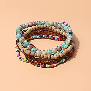 Caiyao Handmade Stackable Colorful Beads 5-6pcs Adjustable Muilty-layered Bracelets Set for Women Boho Multicolor Seed Stretch Wristbands Bohemian Summer Jewelry-2