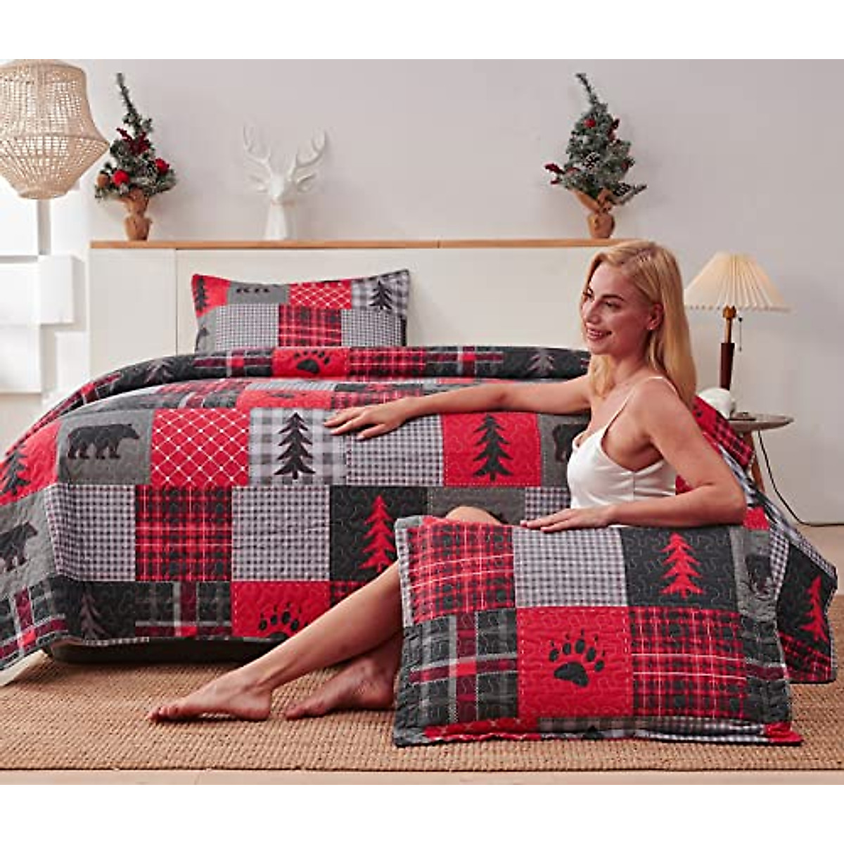 Bedspread Coverlet King Size Rustic Quilt Set Bedding King Plaid Quilt Bedding Lightweight Bedspread Lodge Cabin Bear Bedding Country Patchwork Quilt Bedspread Coverlet Rustic Reversible Quilts