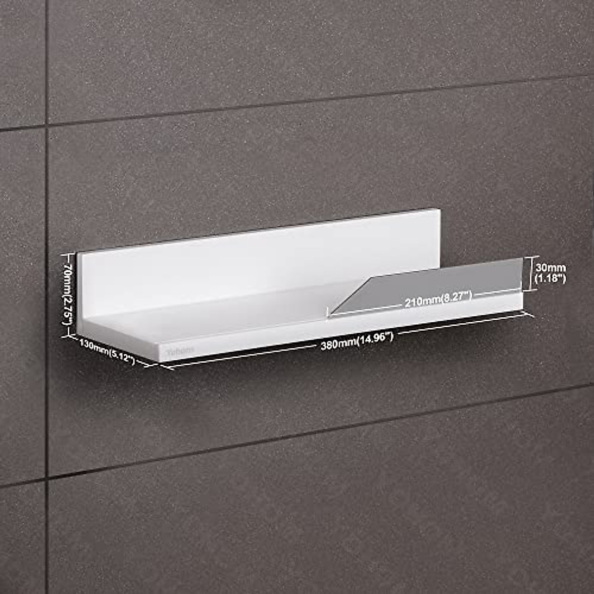 YOHOM White Adhesive Floating Shelf for Bathroom Tile Wall Stick on Shower Shelf Rack No Drilling Plastic Lightweight Shelf Organizer with Gray Guard