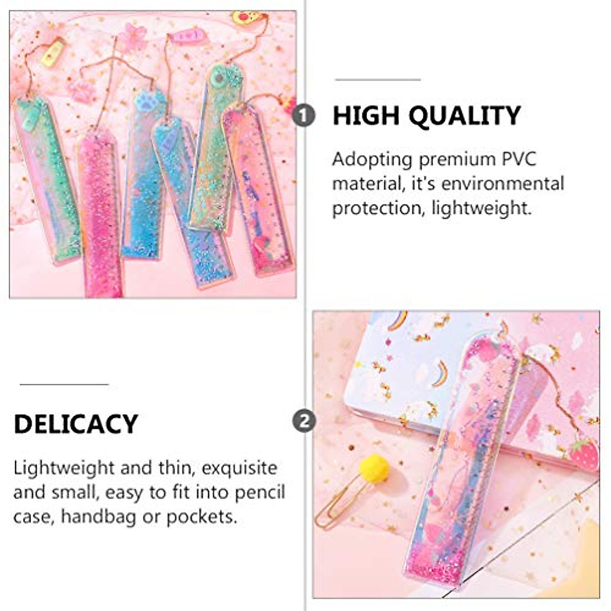 NUOBESTY 2pcs Quicksand Student Stationery Bookmark Ruler Cute Measurement Decoration Ruler Flow Sand Bookmark rulers Girl Drawing Template Cute Page Markers for Girls, Ladies, Children