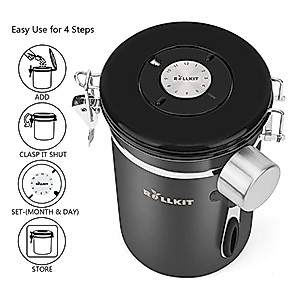 RollKit Coffee Canister Airtight Storage Containers for Beans Grounds, Stainless Steel Flavor-Saving Holder for Tea Jar w/Date Tracker, CO2 Release Valve, Airtight Lid, Scoop - Medium 16oz, Gray