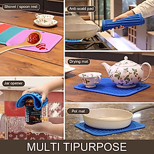 Breeze Touch Silicone Trivet Mats for Hot Dishes, 4 Pack Pot Holders for Kitchen Trivets for Hot Pots and Pans, Heat Resistant Non-Slip Hot Pads for Jar Opener Spoon Holder Counter, 9"x12" Blue