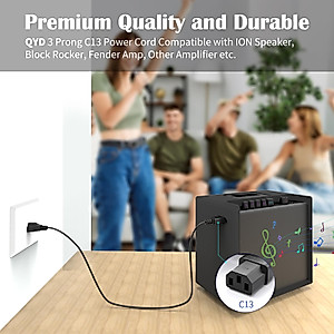 QYD 10FT(3m) AC Power Cord, 3 Prong C13 Power Cord Replacement for ION Block Rocker, Monster Rocker, Mackie Speaker, ION Bluetooth Speaker, Peavey Fender Amp Guitar Mixer DJ Speaker Power Cable, 1Pack