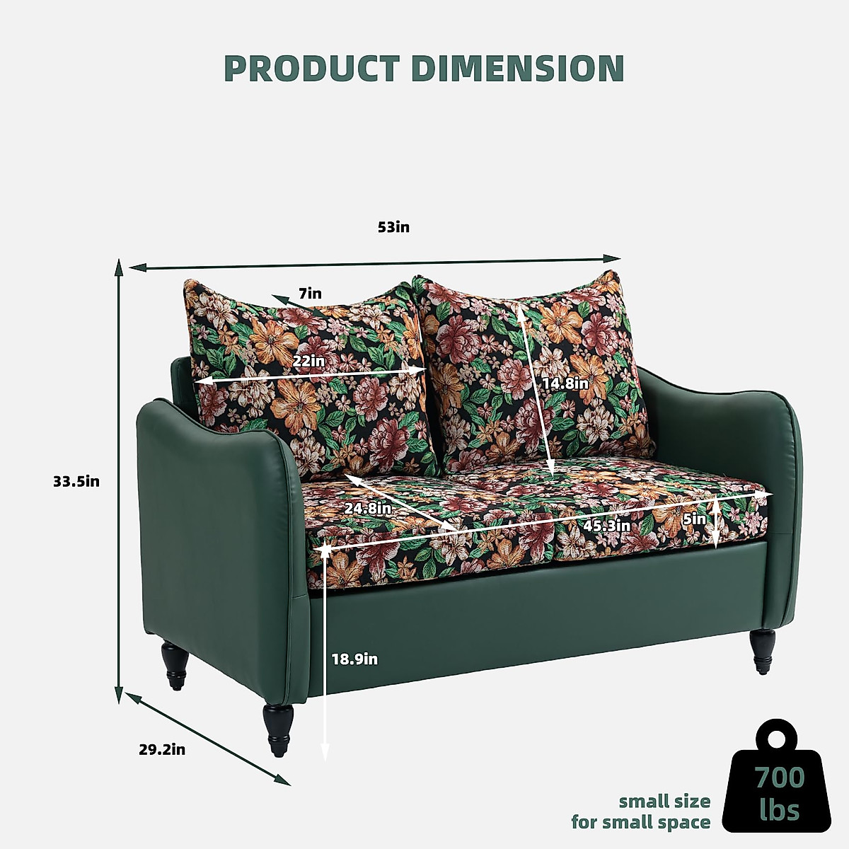 J.C.UP 53" Loveseat Sofa,Small Couches for Living Room,Mid Century Modern Love Seat Couch,2 Seat Small Couches for Small Spaces with PU Leather,Comfy Upholstered Sofa Couch for Bedroom,(Green,Beige)