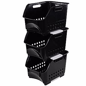 Nicesh Plastic Stacking Bins, Stackable Storage Basket Trays, Black, Set of 3