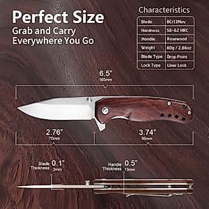 Wood Handle Pocket Knife, 2.9in 8Cr13MoV Stainless Steel Blade, EDC Knife with Belt Clip for Hunting, Camping, Hiking, and Everyday Carry, 6.5in