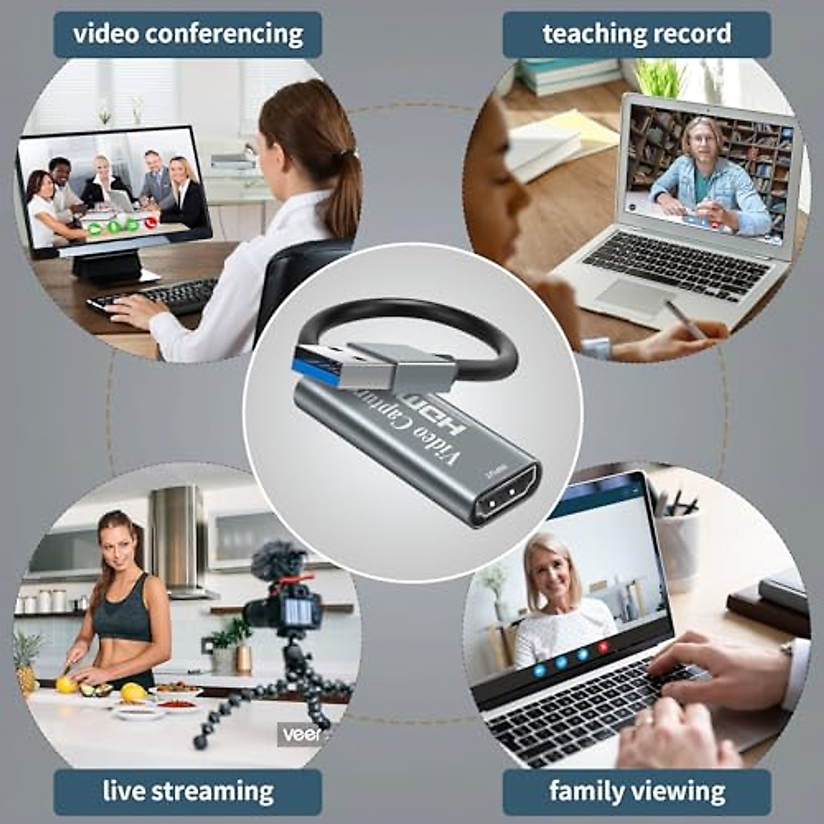 Papeaso Video Capture Cards, 4K HDMI to USB 3.0 Video Capture Device, 1080P HD 60fps Broadcast Live and Record Video Audio Grabber for Gaming, Streaming, Teaching, Video Conference (Silver)