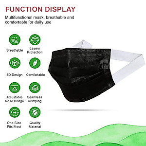 Disposable Face Masks 3 Ply With Ultra Soft Ear Loops - Beautifully Printed Single Use Breathable Protection Masks (50 Count (Pack of 1), Black)