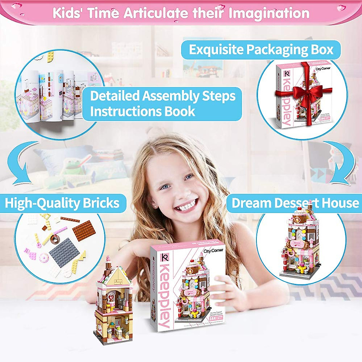 QMAN Girls Building Blocks Toy Dream Dessert House Building Kit Street-View Construction Educational Toy for Girls Age 6-12 and Up (344 Piece)