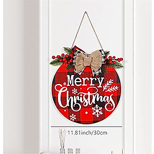 Boltigen Merry Christmas Decorations Sign Front Door Round Wooden Wreath Christmas Hanging Sign Decor for Christmas Home Window Wall Farmhouse Indoor Outdoor Decorations (Style 1)