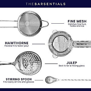 TheBarsentials Cocktail Strainer Set Stainless Steel Bar Tool with Stirring Spoon - Hawthorne Strainer, Julep Strainer, Fine-Mesh Strainer/Sifter