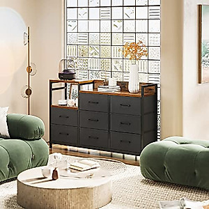 ODK Dresser with Charging Station, Wide Dresser 52'' Long Dresser for Bedroom Dresser with 8 Drawers, Chest of Drawers Easy-Pull Fabric Dressers for Closet, Living Room, Hallway, Vintage and Black