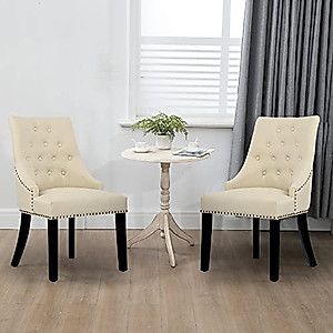 DAGONHIL Fabric Dining Chairs Set of 2 Tufted Dining Room Chairs Upholstered Kitchen Chairs, Accent Chairs with Black Solid Wood Legs, Nailed Trim (Beige)