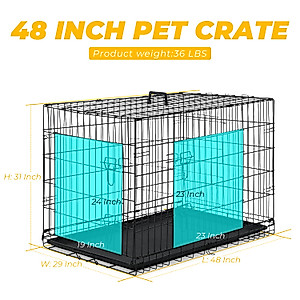48 Inches Dog Crate Large Foldable Dog Kennel Metal Wire Pet Dog Cage with Double-Door Leak-Proof Tray Divider Panel and Handle for Dog Cat Pet,Black 48”X31”X29”