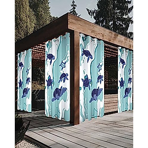 Waterproof Outdoor Curtains for Patio,Cute Sea Turtle Under Ocean World Blackout Grommet Curtain Privacy Curtains for Yard Porch Pergola Cabana Gazebo,Watercolor Marine Life 2 Panel,54''Wx108''L