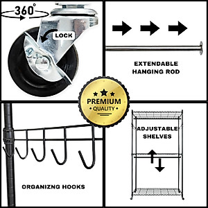 Rossmore Home Essentials Heavy Duty Rolling Garment Rack 3 Tiers Adjustable Wire Shelving Clothes Rack with Double Rods and Side Hooks, Freestanding Wardrobe Storage Rack Metal Clothing Rack, White(L)