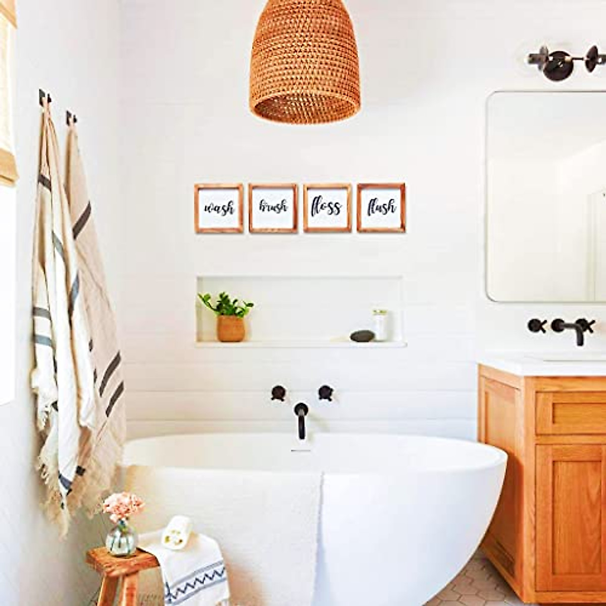 Athena's Elements Farmhouse Bathroom Wall Decor Wash, Brush, Floss, Flush Sign Modern Rustic Style Home Decoration Solid Wood Frame 32 x 7 inches or 15 x 15 inches (Set of 4)