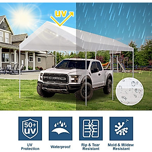 TGEHAP 10'x20' Carport Replacement Top Canopy Cover White for Car Garage Top Tarp Shelter Waterproof & UV Protected w/Ball Bungees (Only Top Cover, Frame is not Included)