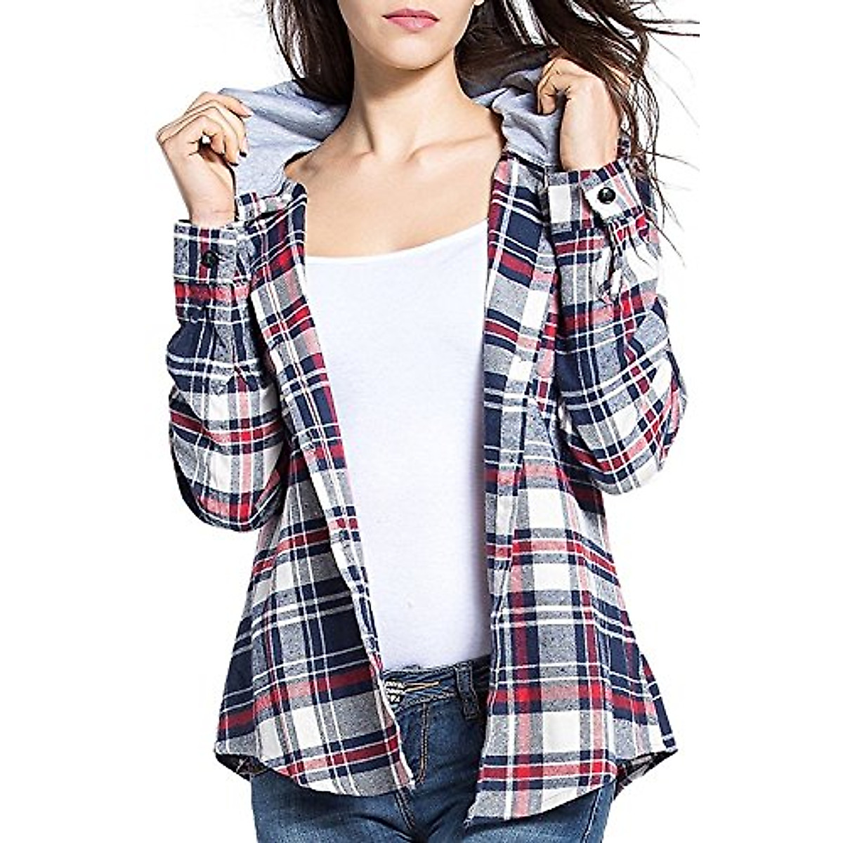BOMDEALS Women's Classic Plaid Cotton Hoodie Button-up Check Shirts (M,Gray)