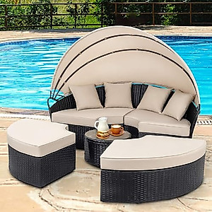Walsunny Patio Furniture Round Daybed with Retractable Canopy, Outdoor Wicker Rattan Sectional Sofa Set,Seating Separates Cushioned Seats for Patio Lawn Backyard Pool