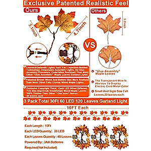 [ Timer & Thicker Leaves ] 3 Pack Fall Garland Lights Fall Decoration Home Total 120 Leaves 60LED 30Ft Waterproof Battery Powered Two Leaves Paired with each Bright LED Halloween Thanksgiving Decor