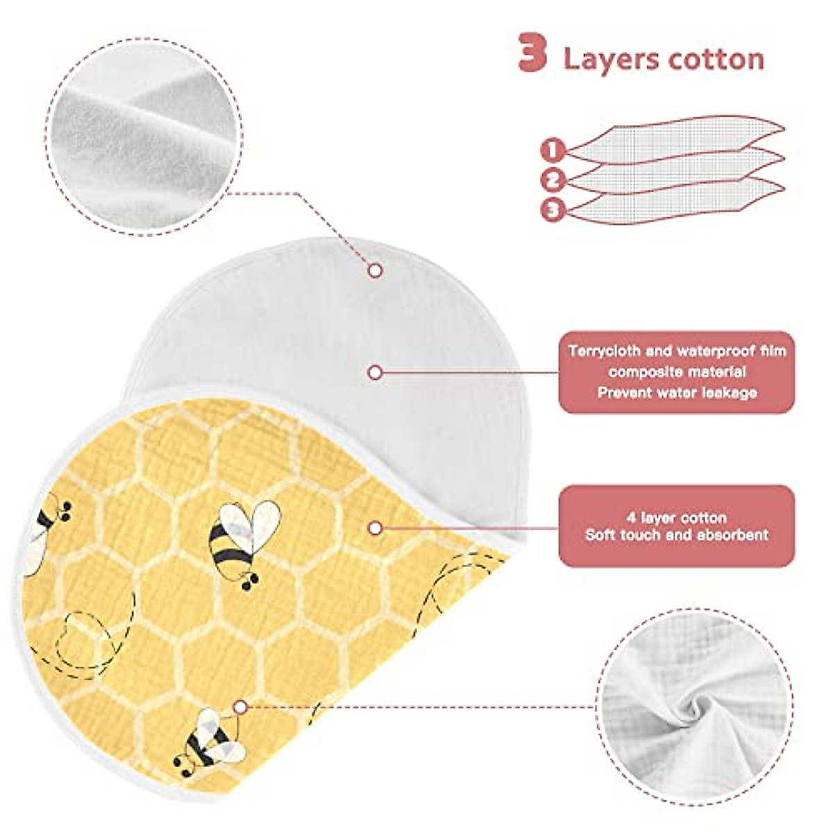 YYZZH Cute Bee On Honey Yellow Honeycomb Muslin Burp Cloths for Baby 2 Pack 100% Cotton Baby Washcloths Bibs for Boy Girl