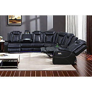 A Ainehome Power Reclining Sectional Sofa Couch with LED Light, Leather Recliner Electric Reclining Sectional Couch Recliner Sofa Set with Cup Holder,USB Port,Storage Console for Living Room (Black)