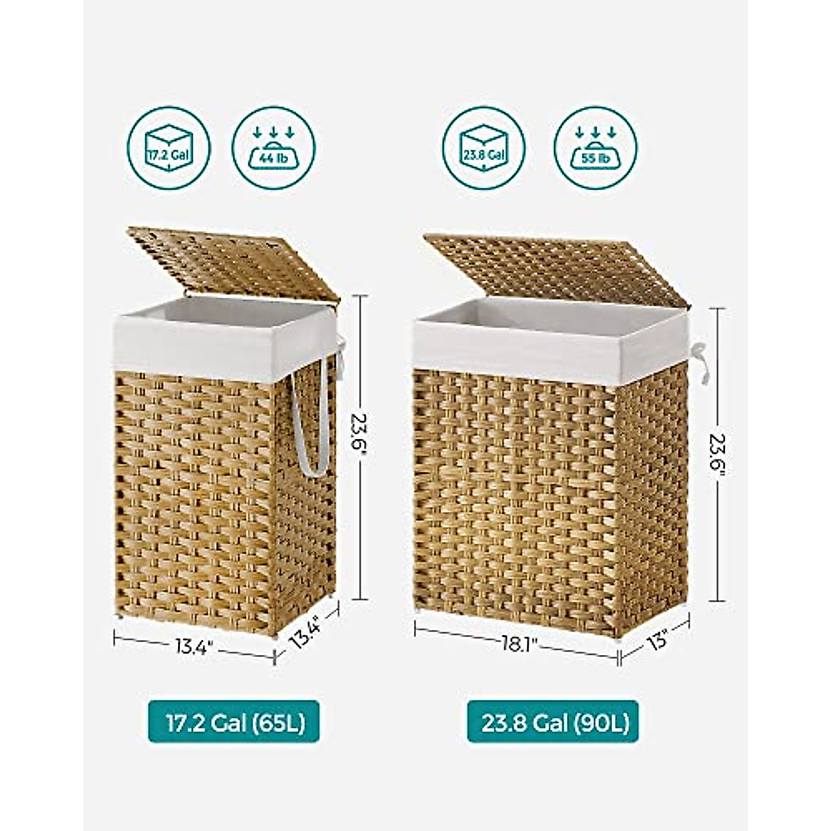 SONGMICS Laundry Hamper with Lid, 17.2 Gallon (65L) Synthetic Rattan Clothes Laundry Basket with Lid and Handles, Foldable, Removable Liner, Natural ULCB165N01