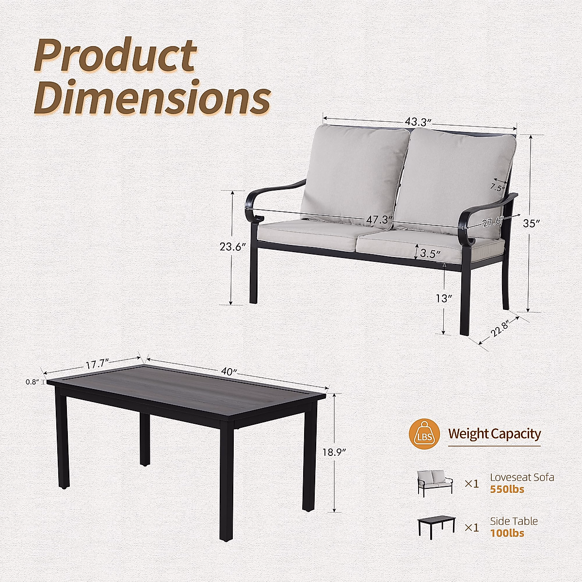 MEOOEM Patio Sofa Conversation Furniture Outdoor Loveseat with Table, Metal Frame with Gray Cushions for Porch Balcony Deck