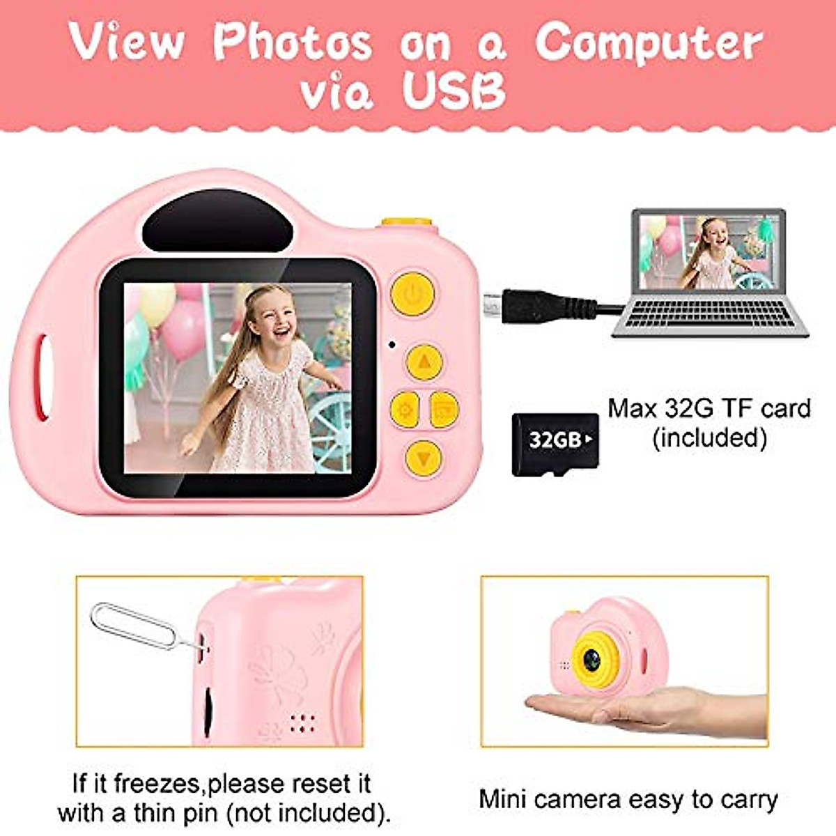 Lanhui Kids Digital Camera Toy - Cute Child Pink Digital Camera 1080 IPS 2 inch HD Mini Camera Toy Selfie Camera for Kids Ideal Birthday, Holiday, Reward Gift for Girls