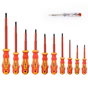 Gunpla 11 Pieces VDE Insulated Screwdriver Set, 1000V with Black Tip Magnetic, TPR Handle Electrician Soft-Grip Slotted Phillips and Pozi Tools with Safety Tester for Electrician Repair