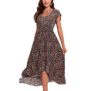 HALCYEEN Floral Printed Wrap Butterfly Sleeve V-Neck Summer Dresses Lace Up High Low Beach Party Midi Dress