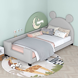 OPTOUGH PU Leather Twin Size Upholstered Daybed with Wooden Daybed Frame and Carton Ears Shaped Headboard,Low Platform Bed for Kids,Space Saving Design,Grey