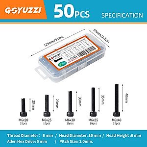 M6 x 20mm 25mm 30mm 35mm 40mm Hex Socket Head Cap Screws Bolts, 12.9 Grade Alloy Steel, Black Oxide Finish, Fully Threaded, Metric Allen Hex Drive, Assortment Kit 50PCS