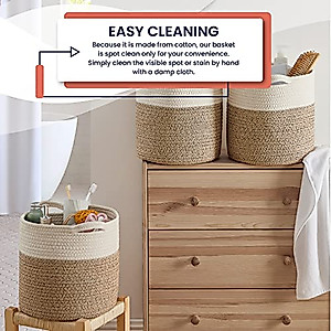 Ornavo Home 3 Pack Woven Cotton Rope Storage Shelf Basket with Handles, Closet Shelf Storage Fits 12" inch Cube - 11x11x11 - White/Beige