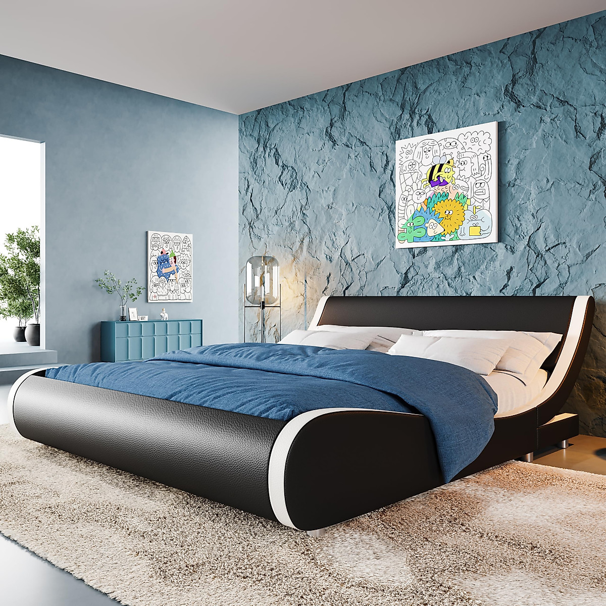 Allewie Upholstered King Size Platform Bed Frame Modern Low Profile Sleigh Bed with Faux Leather Ergonomic Headboard, Wood Slat Support, Easy Assembly, No Box Spring Needed, Black and White