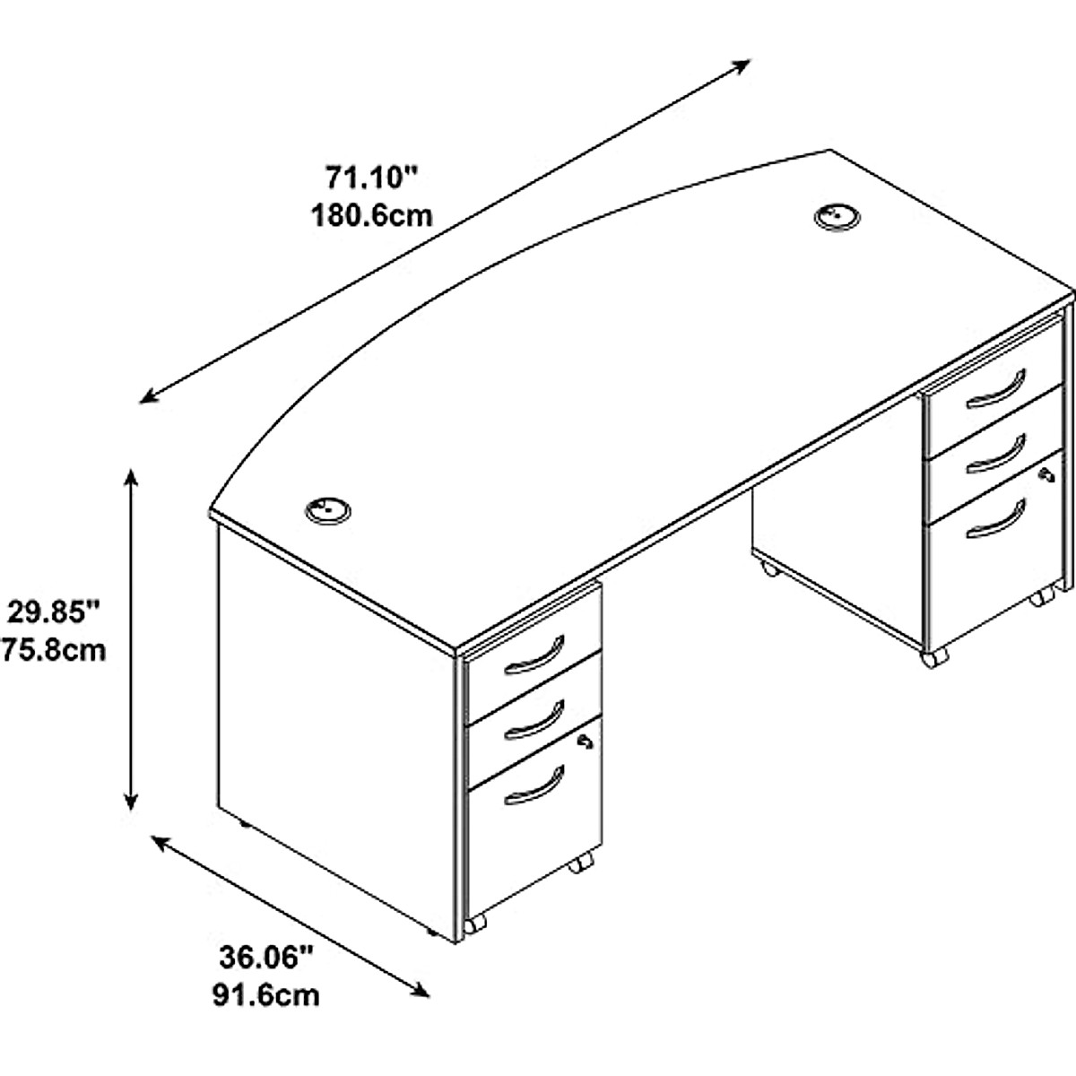 Bush Business Furniture Series C 72W Bowfront Shell Desk with (2) 3-Drawer Mobile Pedestals