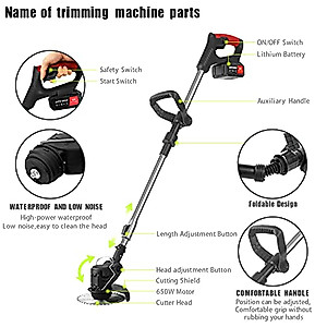 Grass Strimmer Foldable Grass Strimmer, Shengyatu 21V Electric Cordless strimmer 800W Grass Trimmer Brush Cutter, Lawn Mower Garden Tools, Black