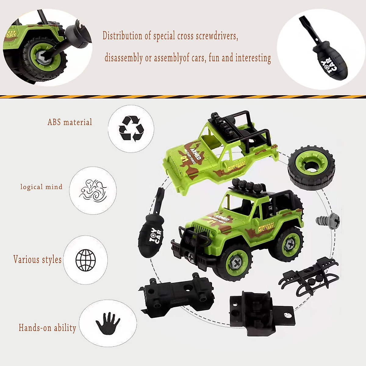 KAMINRUN Take Apart Truck Toys ，4 Pack Friction Powered Cars Construction Vehicles Toy Set Drilling Rig, Loader, Excavator, Road Roller for Year Old Boy Girl Kid Gift