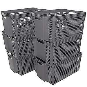 Rinboat 17 L Plastic Stacking Storage Baskets, Grey Stackable Storage Bin, 6-Pack