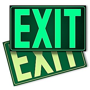 Glow In The Dark Photoluminescent Exit Sign Green - Adhesive Backing – UV Inks On Tear-resistant PVC - Non Electrical - Scratch Resistant -12 x 7 Inches For 50 Feet Visibility (2 Pack)