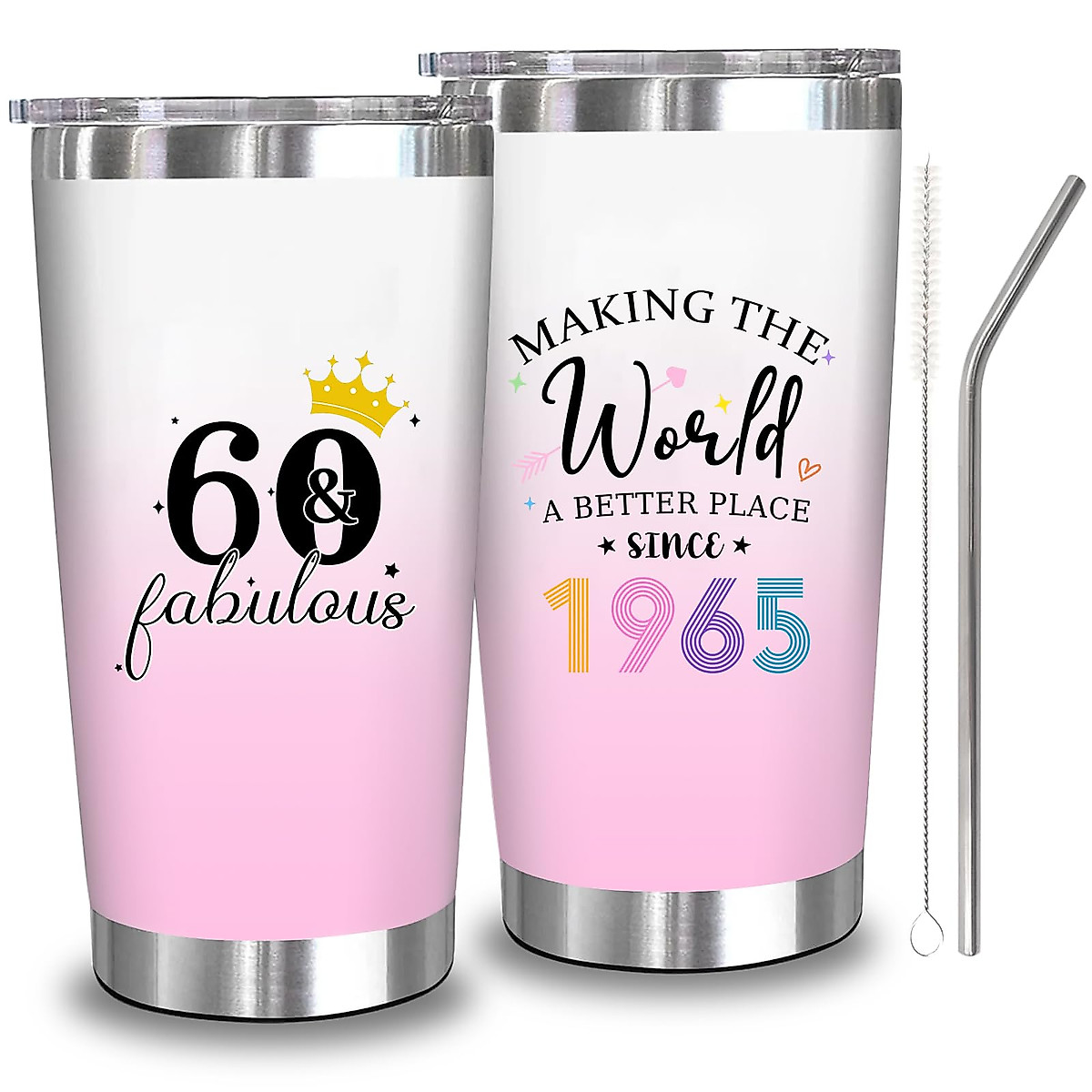 60th 1965 Birthday Gifts for Women, 60 Year Old Birthday Cups Gifts for Her, 60th Birthday Decorations for Woman, Cool 60 Gift for Women Turning 60, 60 and Fabulous 20 OZ Stainless Steel Tumbler